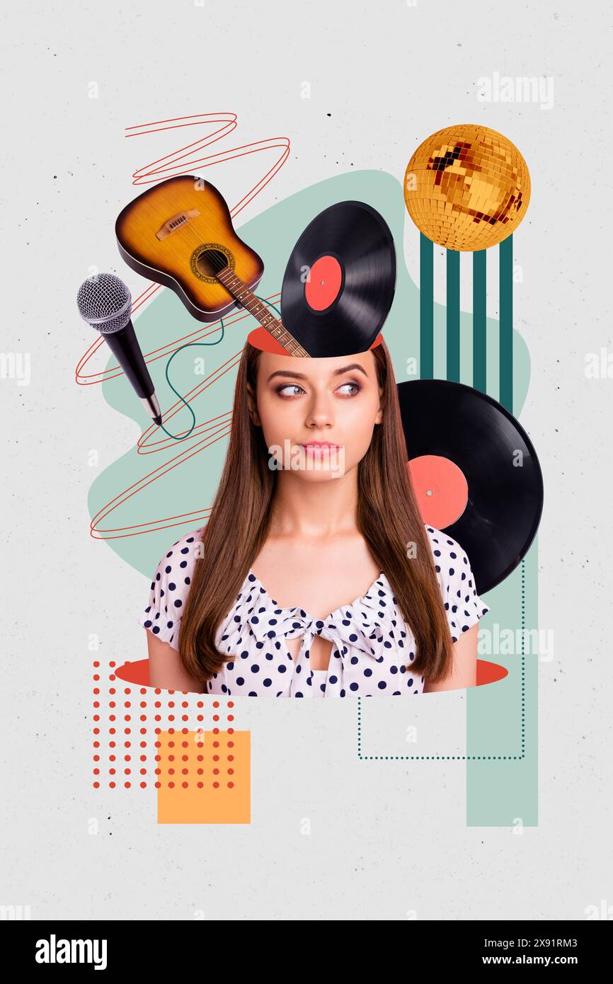 Vertical photo collage of happy girl hole head musical instrument ...