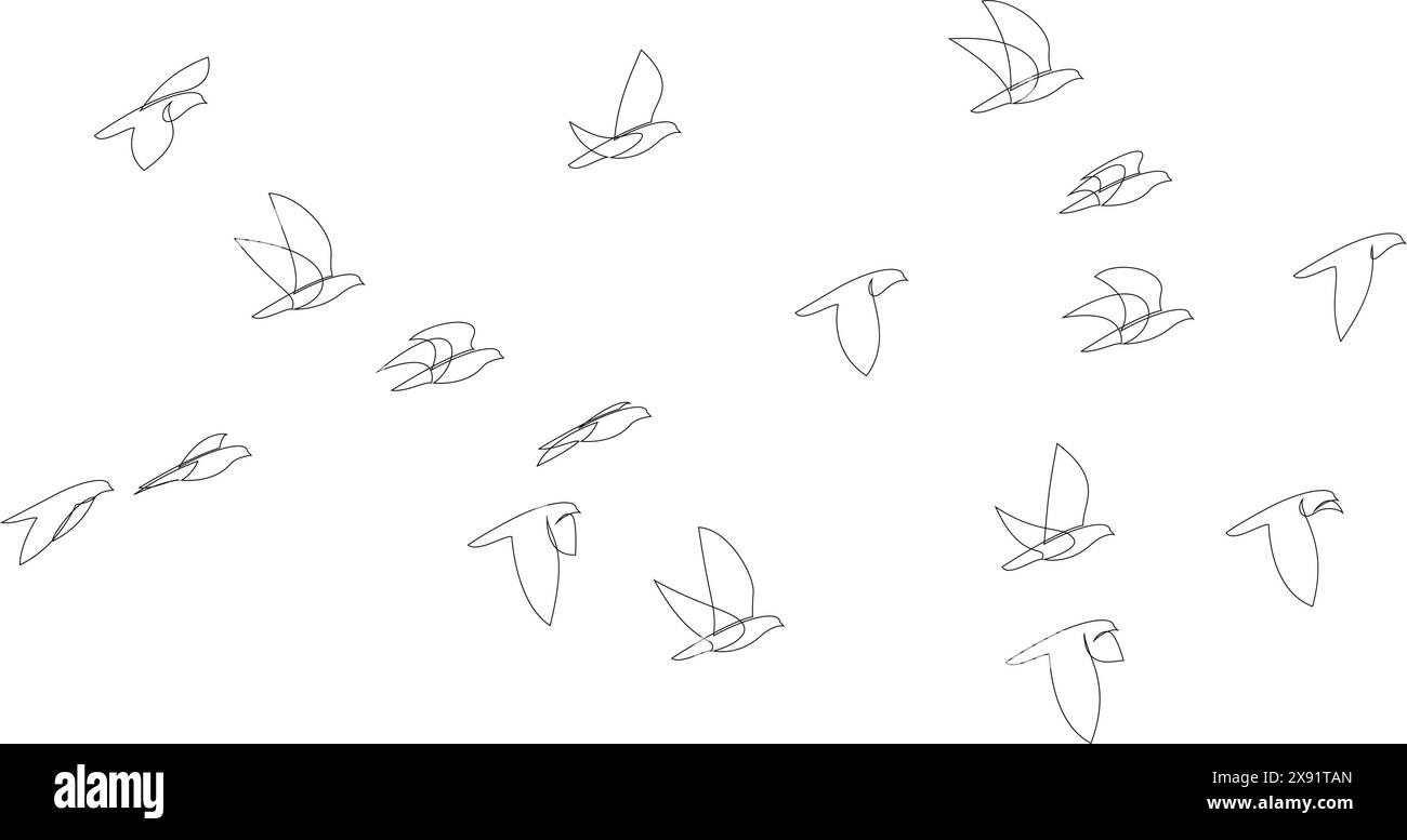 Line Drawing Of Flock Of Birds Flying Together Vector Illustration