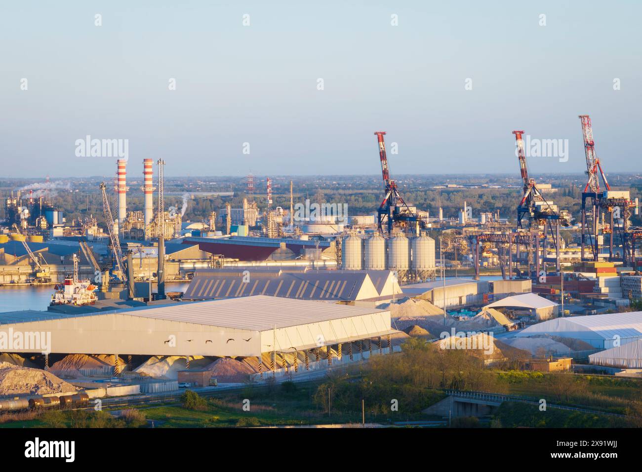 Aerial view of the industrial and port area of Ravenna ,chemical and ...