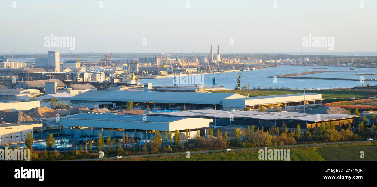 Aerial view of the industrial and port area of Ravenna ,chemical and ...