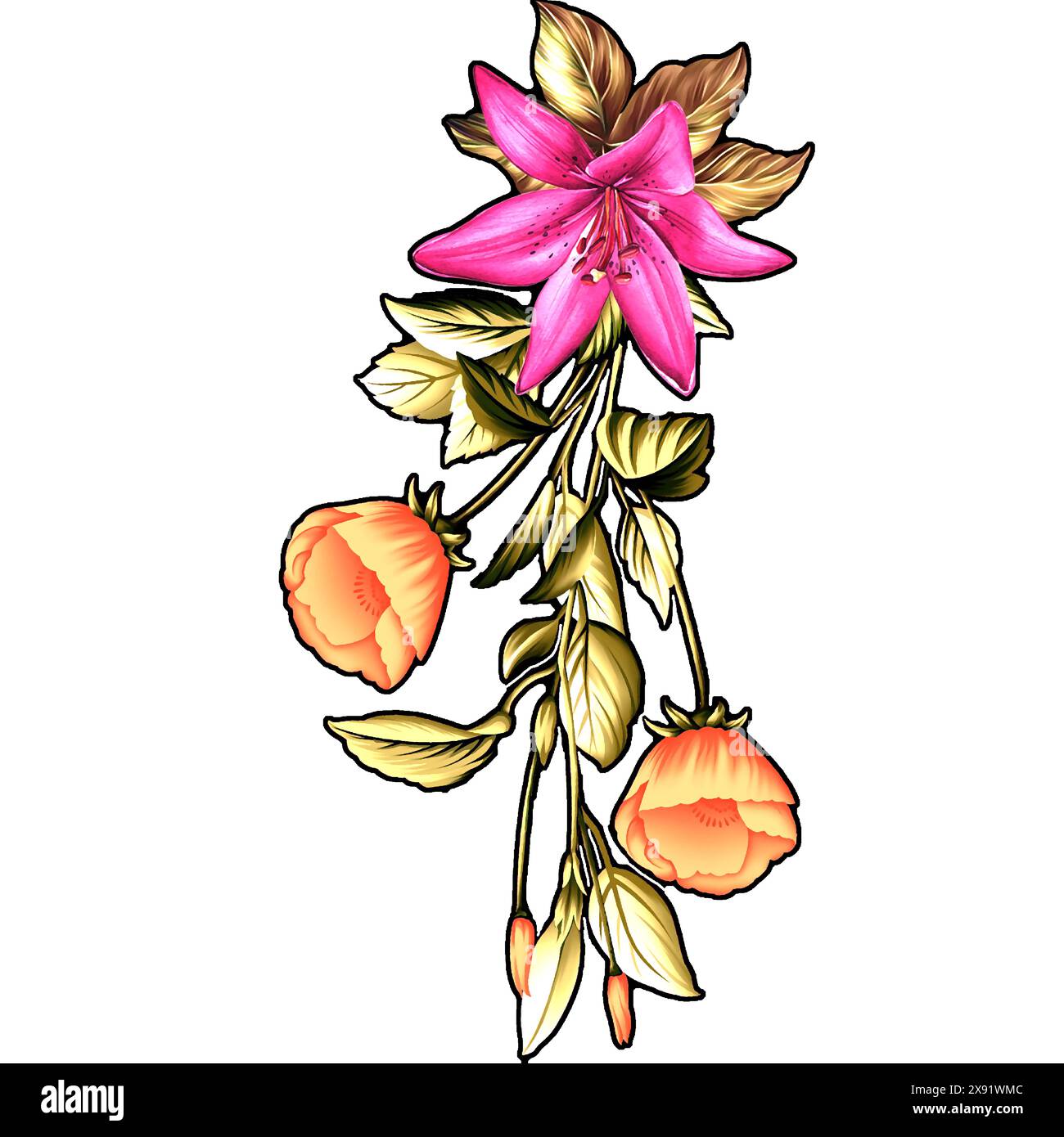 A beautiful pink plum botanical flower motif illustration with dry ...