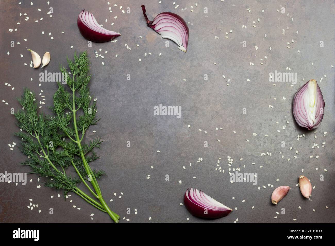 Dill sprigs and onion wedges. Garlic cloves and sesame seeds. Rusty ...