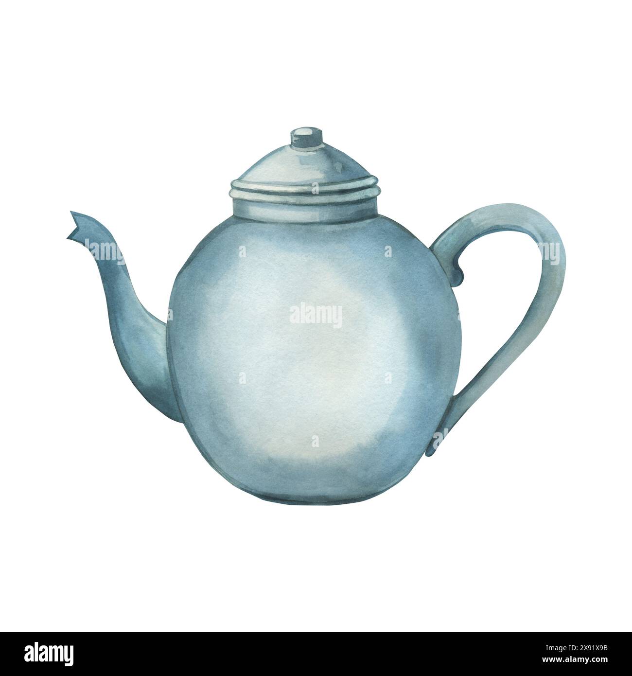 Teapot for brewing. Blue round ceramic teapot. Watercolor illustration ...