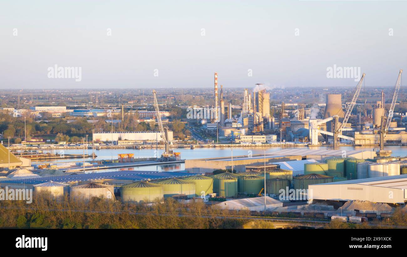 Aerial view of the industrial and port area of Ravenna ,chemical and ...
