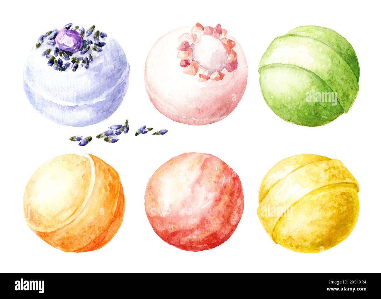 Bath bombs set. Hand drawn watercolor illustration isolated on white ...