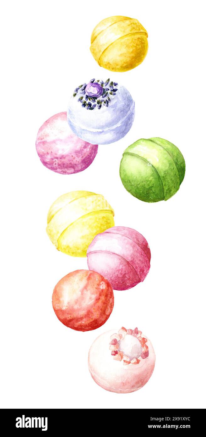 Falling Bath bombs. Hand drawn watercolor illustration isolated on ...