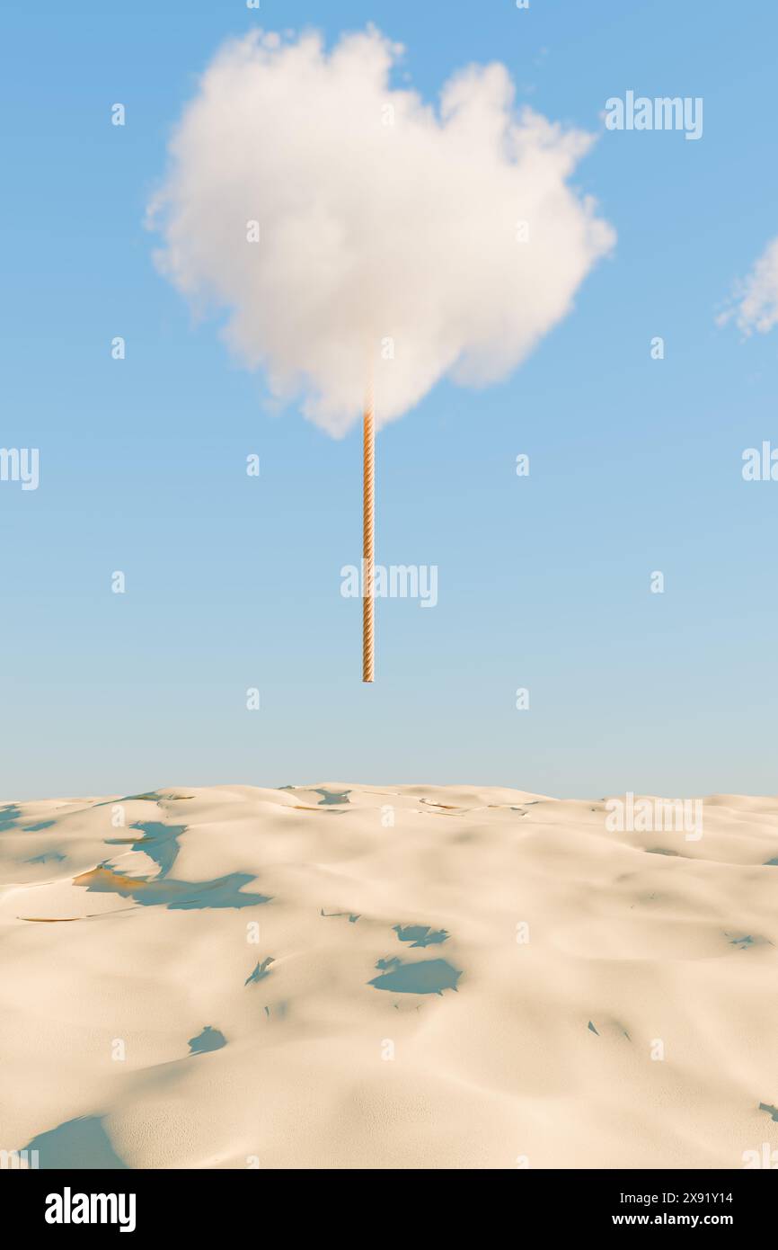 A white cloud with a long rope descending into a sandy desert under a ...