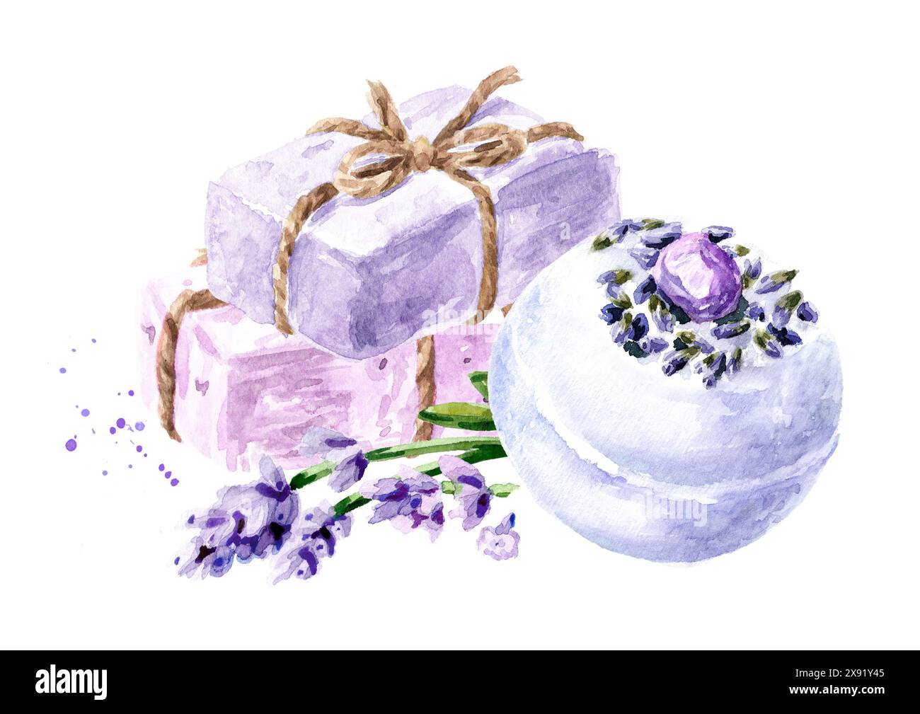 Lavender Bath bomb and hand made soap. SPA concept. Hand drawn ...