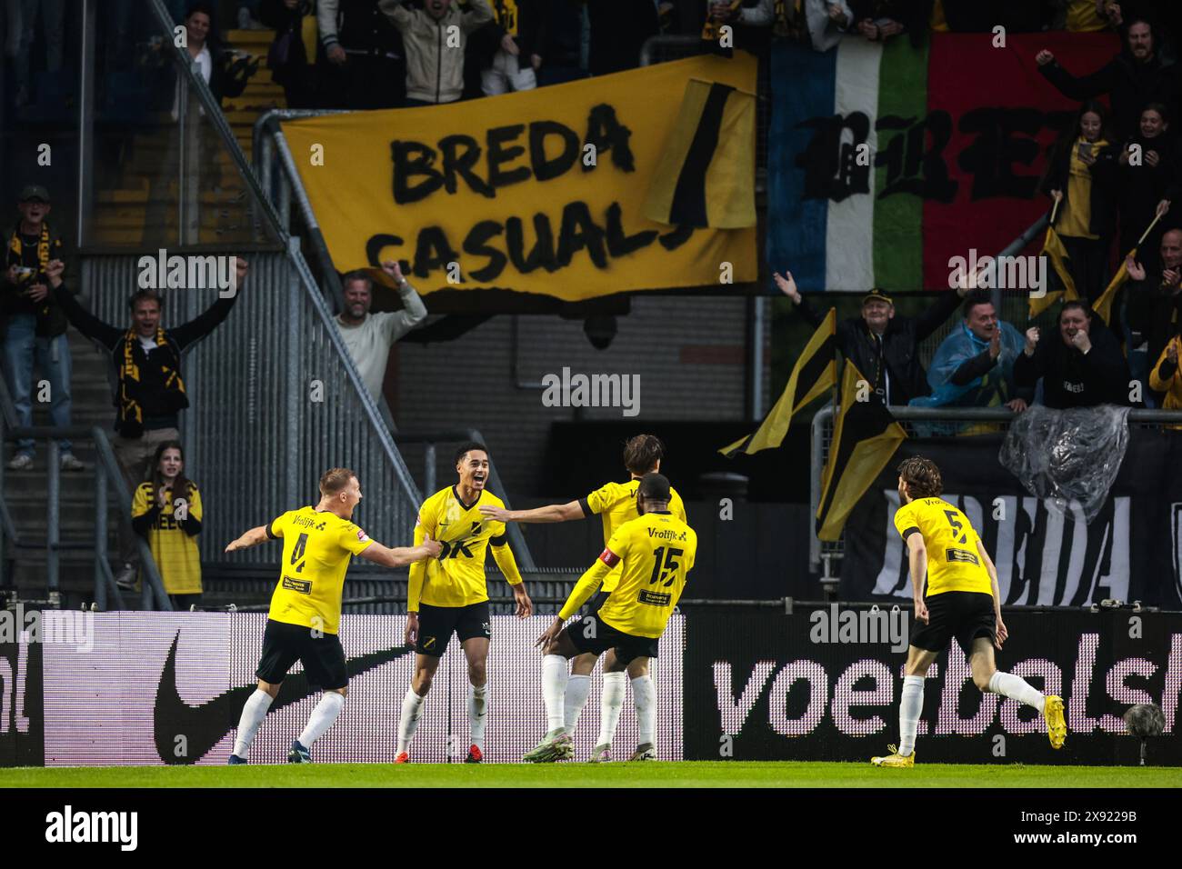 BREDA - Aime Omgba of NAC Breda celebrates the 1-0 during the play-offs ...