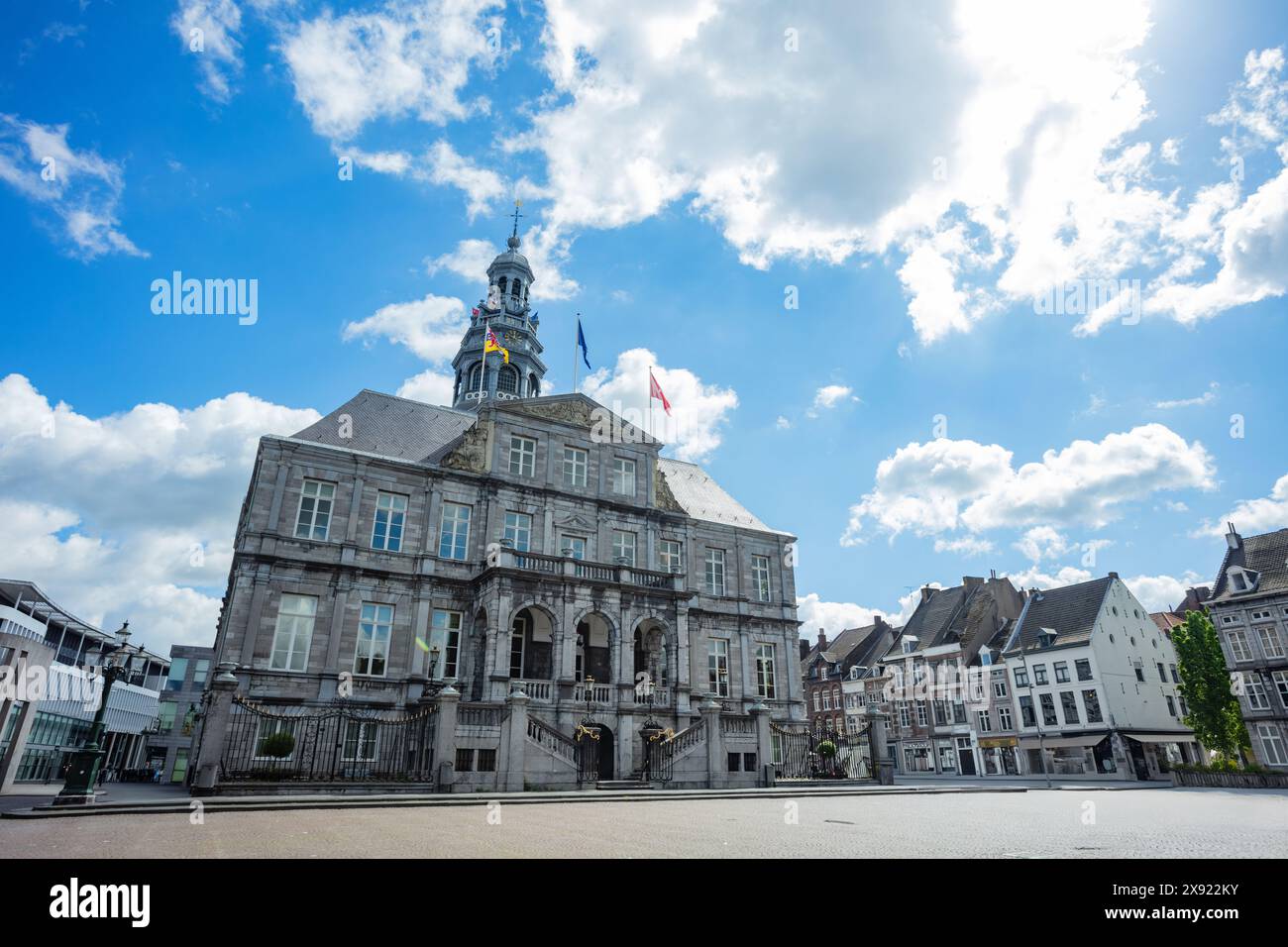 Old city hall of Maastricht with tower spire in spring, Holland Stock ...