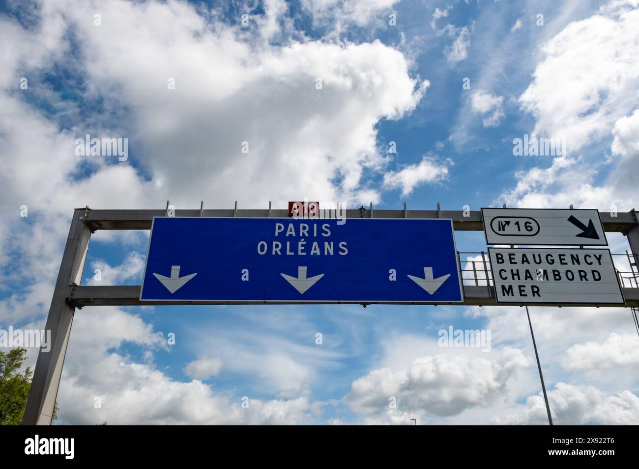Driving in summer on highway and road signs direction to Paris and ...