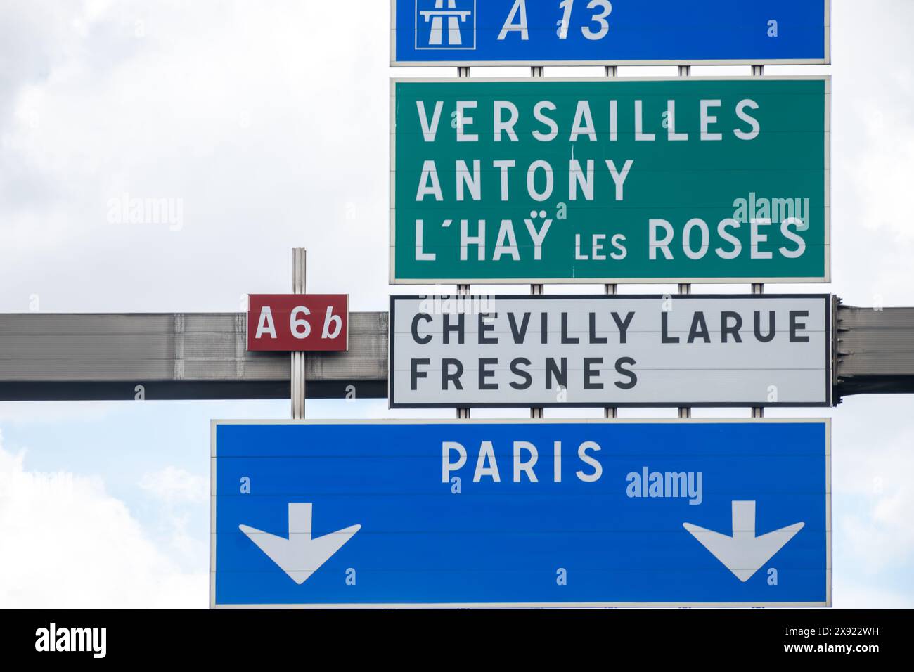 Driving in summer on highway and road signs direction to Paris and ...