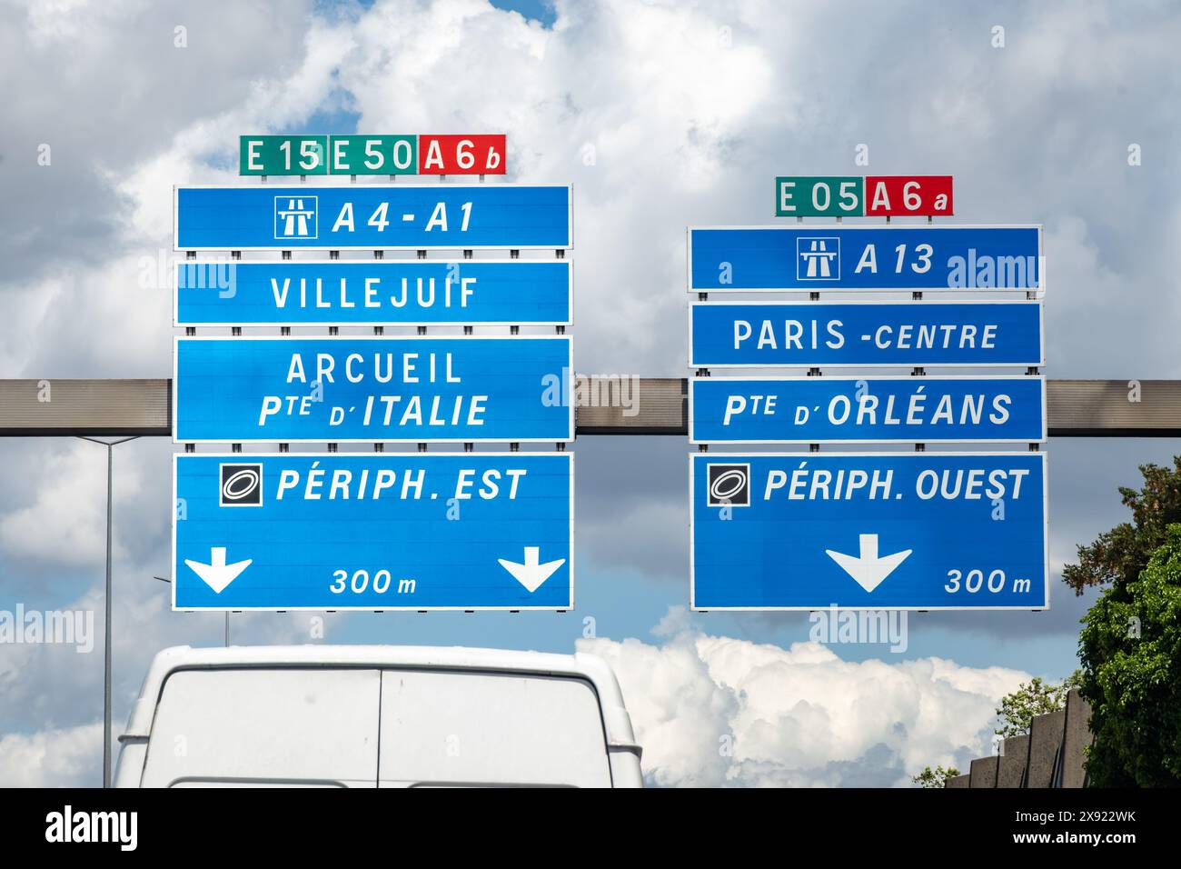 Highway road signs Paris, driving in heavy summer traffic on ring road ...