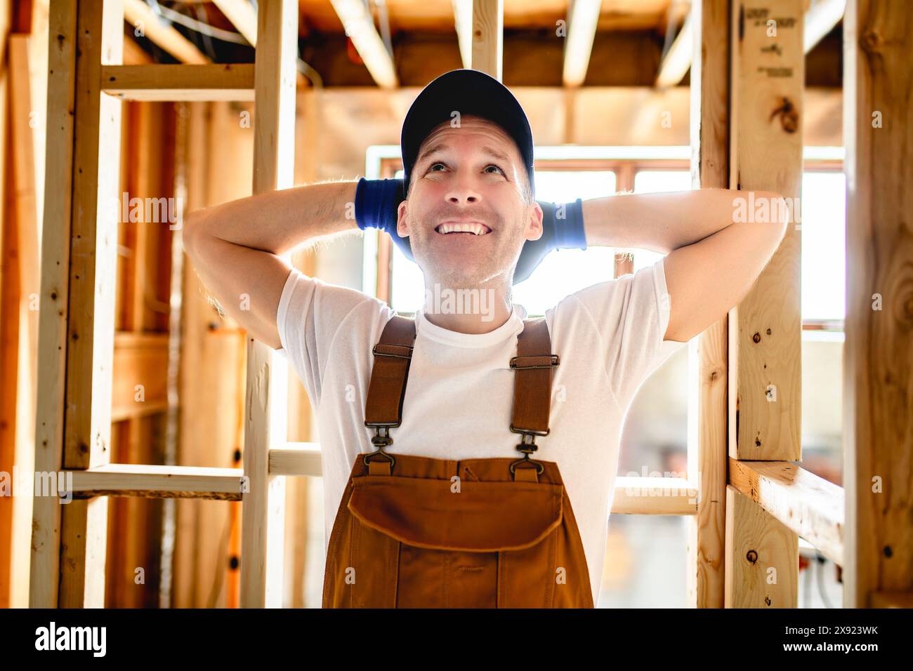 Construction Worker Using Power Tool in Unfinished Basement of New Home ...