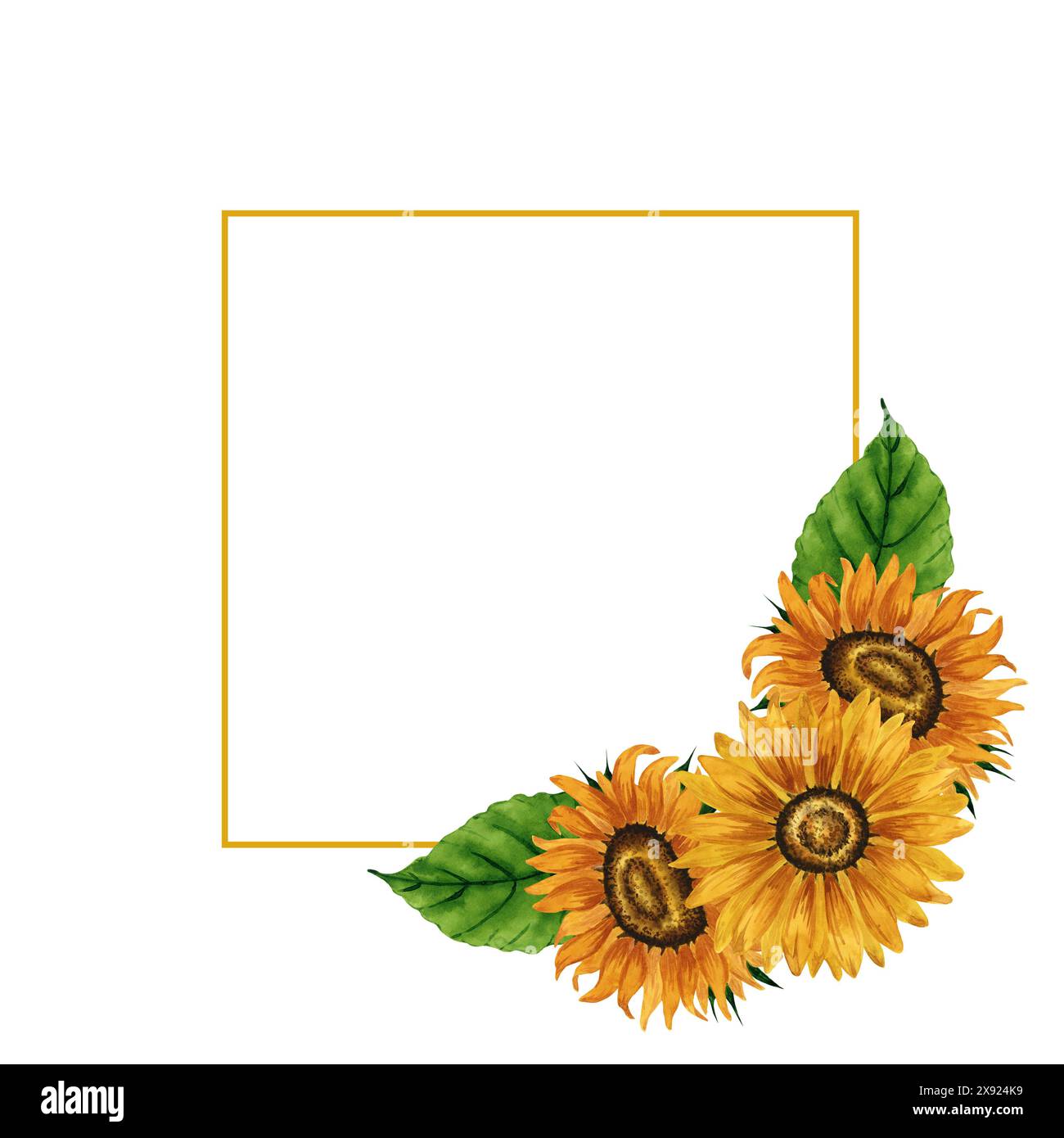 Watercolor sunflowers corner frame. Square frame with yellow flowers ...