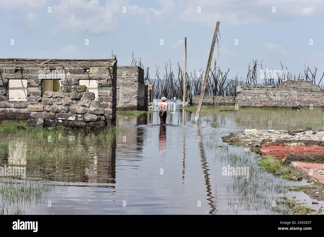 A woman wades beside submerged buildings on land submerged by the ...