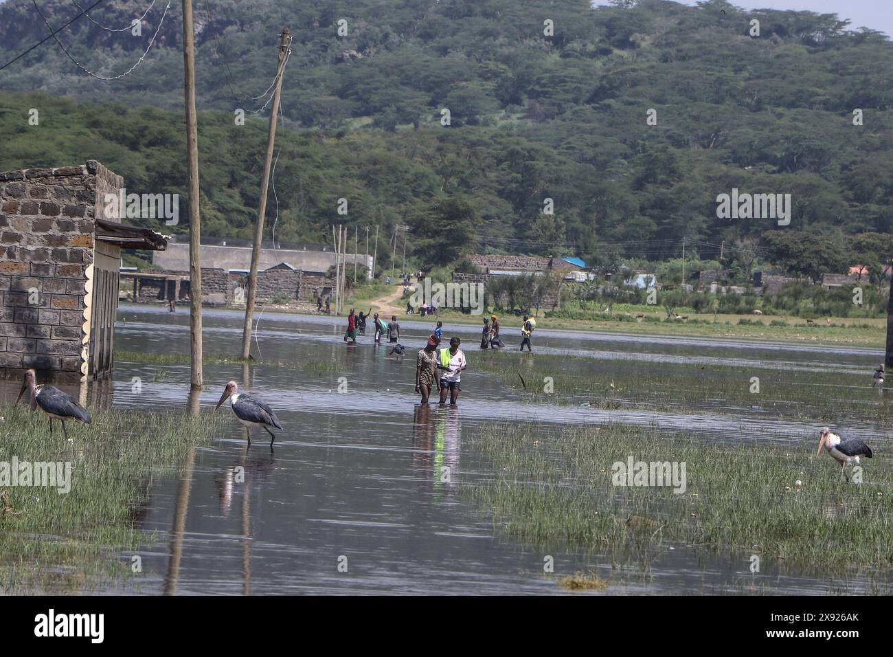 Fishermen wade beside submerged buildings on land submerged by the ...