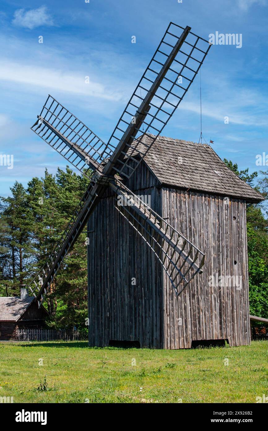 Old wooden windmill, historic exhibit at the Village Museum in Podlasie ...
