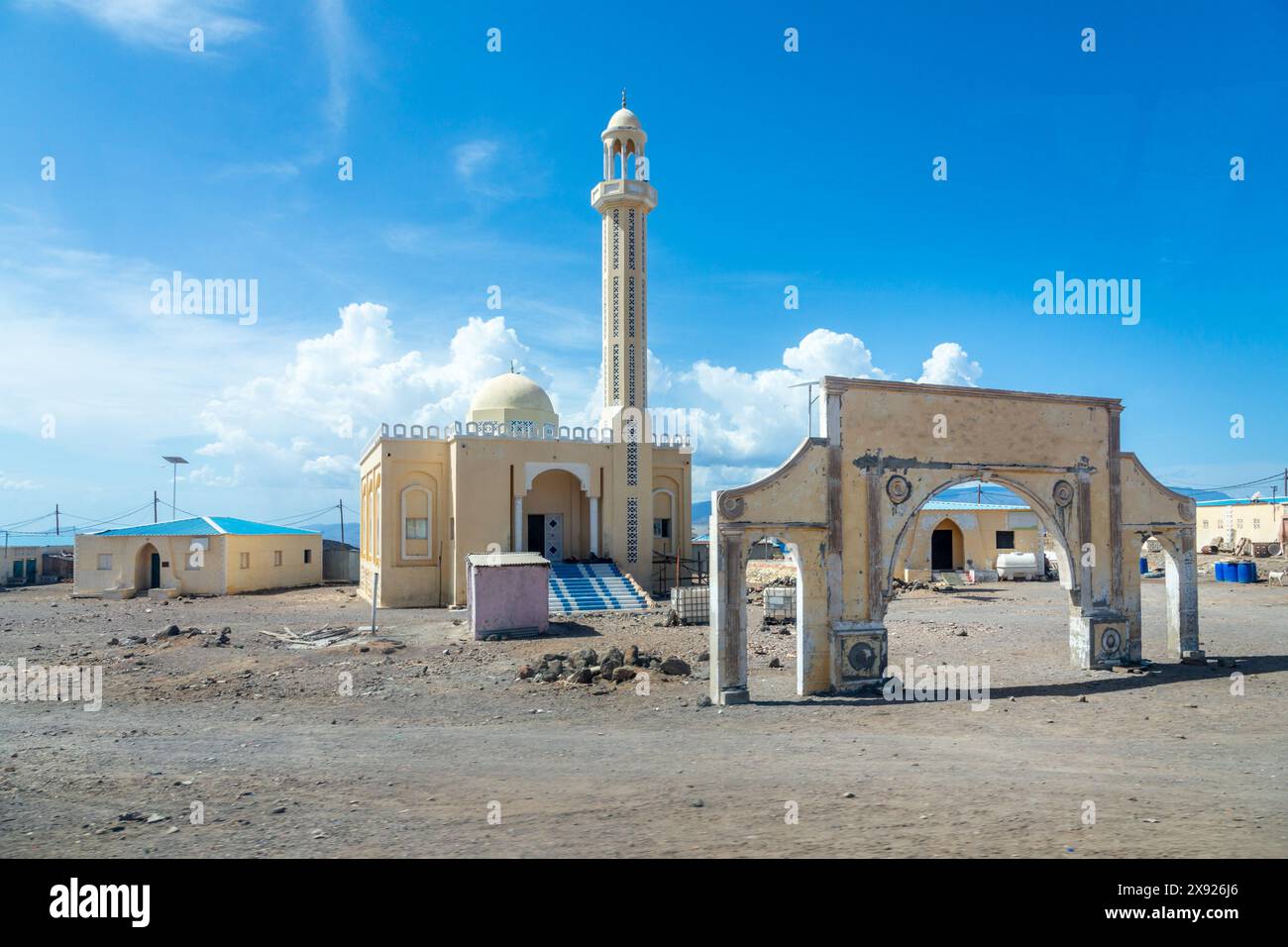 Yellow mosque with the gate arch, Arta region, Djibouti, Horn of Africa ...