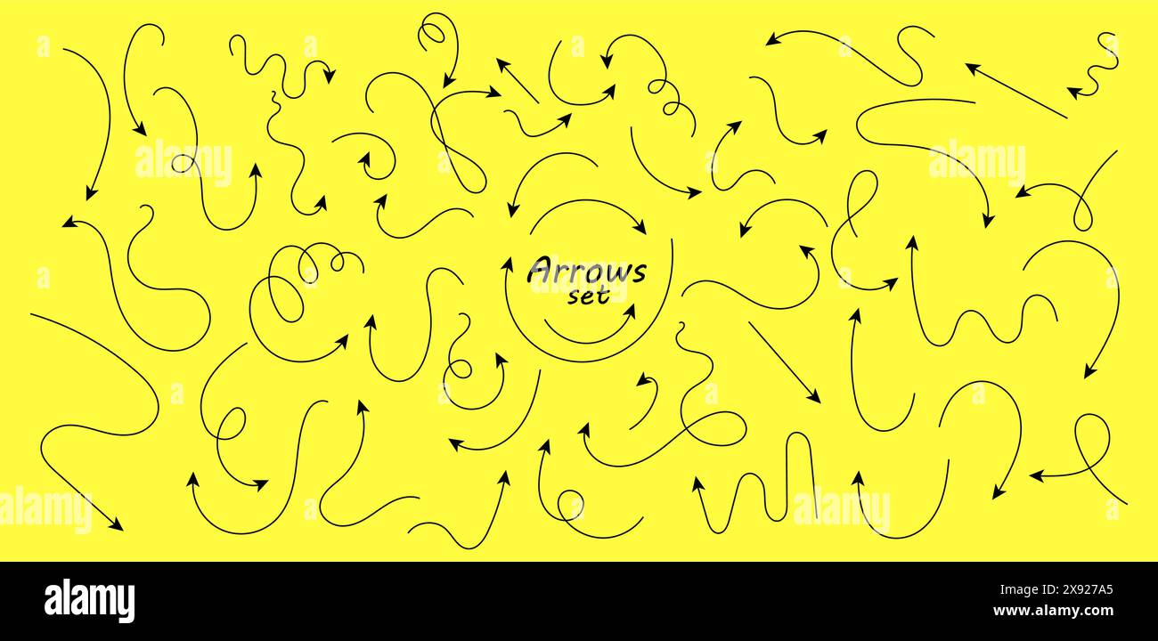 Set of hand drawn thin line arrows. Collection of curved pointers ...