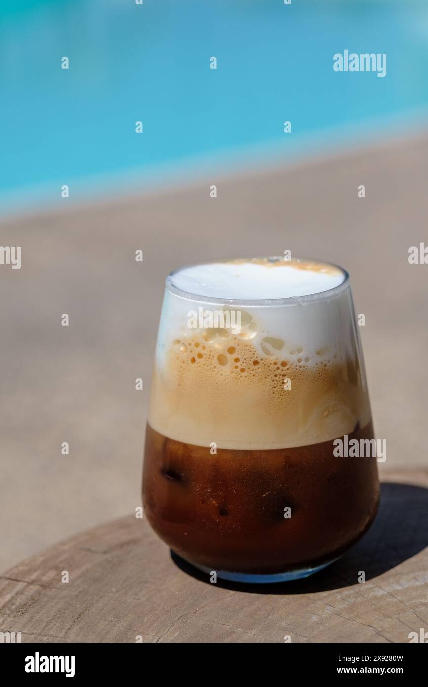 Closeup view of an iced greek coffee, also known as freddo cappuccino in Ios Greece Stock Photo ...