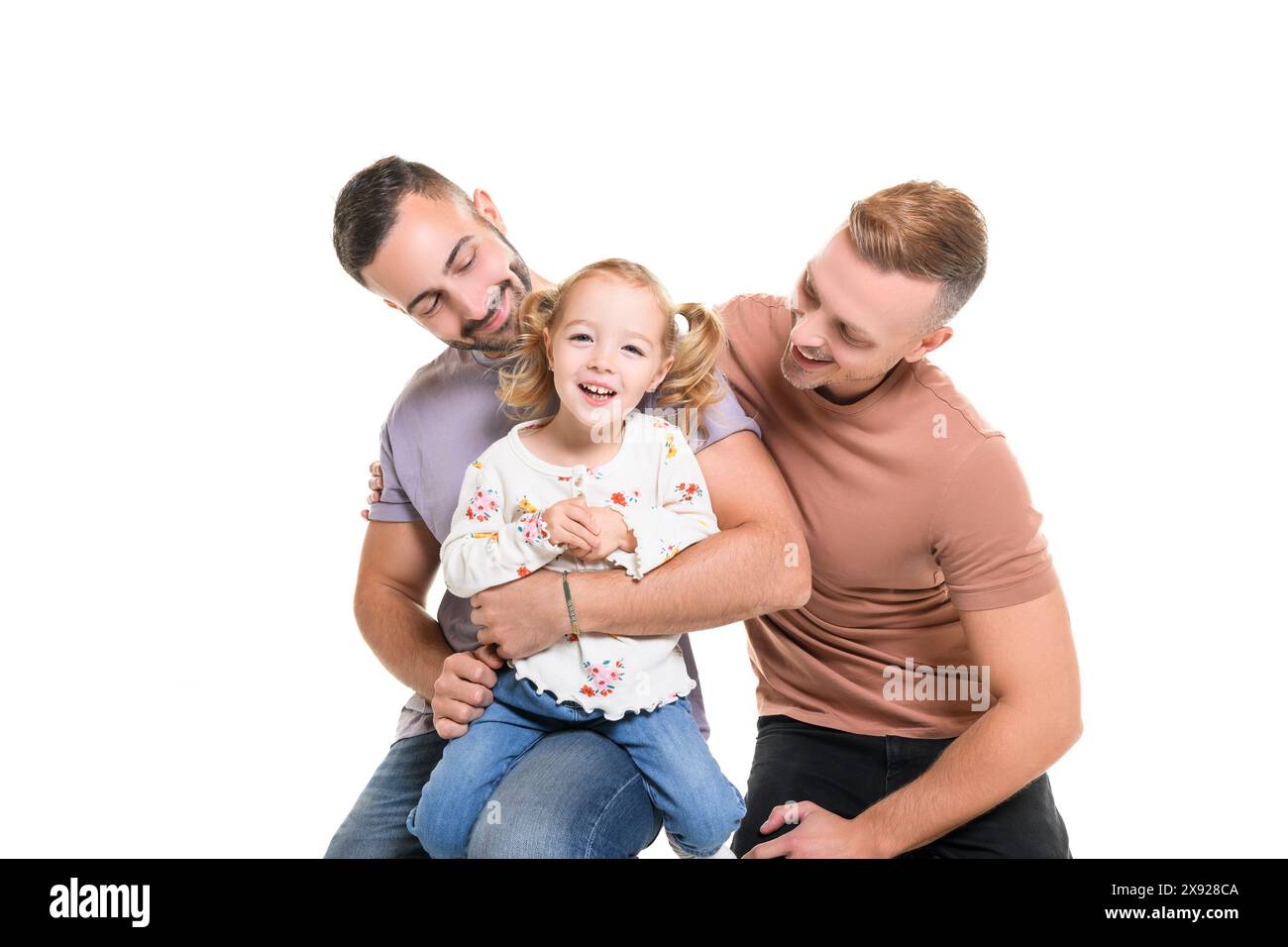 Two man couple with adopted child girl on white background Stock Photo ...