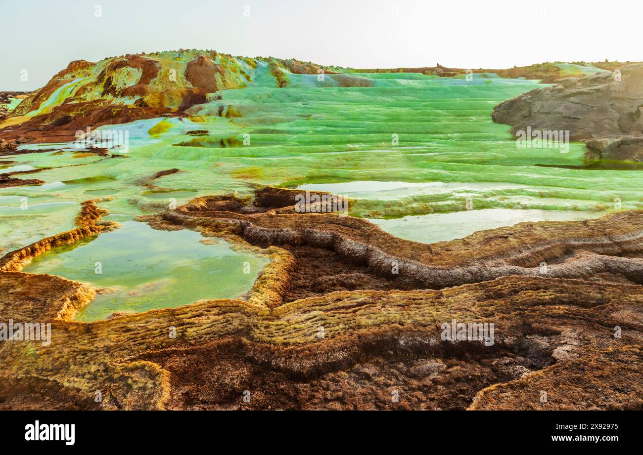 Colorful green volcanic lake terraces and yellow sulphur minerals ...