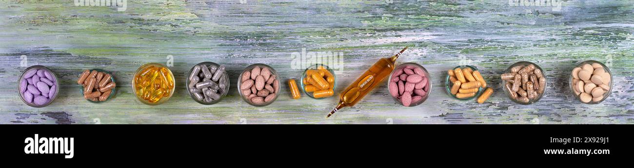 Panoramic of food supplements : capsules, ampoule, top view. Food ...