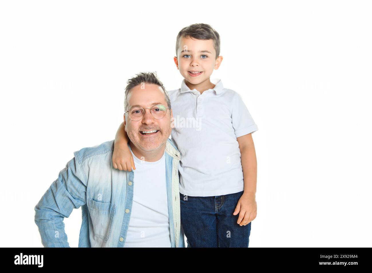 Happy men with adopted child on white background Stock Photo - Alamy