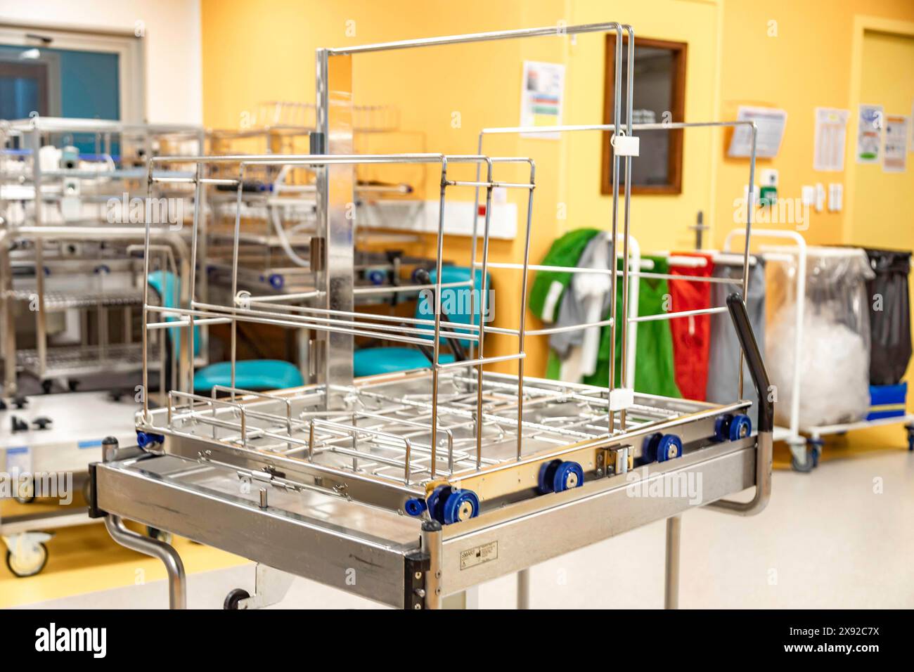 Washing rack on trolley in sterilization room. Hospital sterilization ...