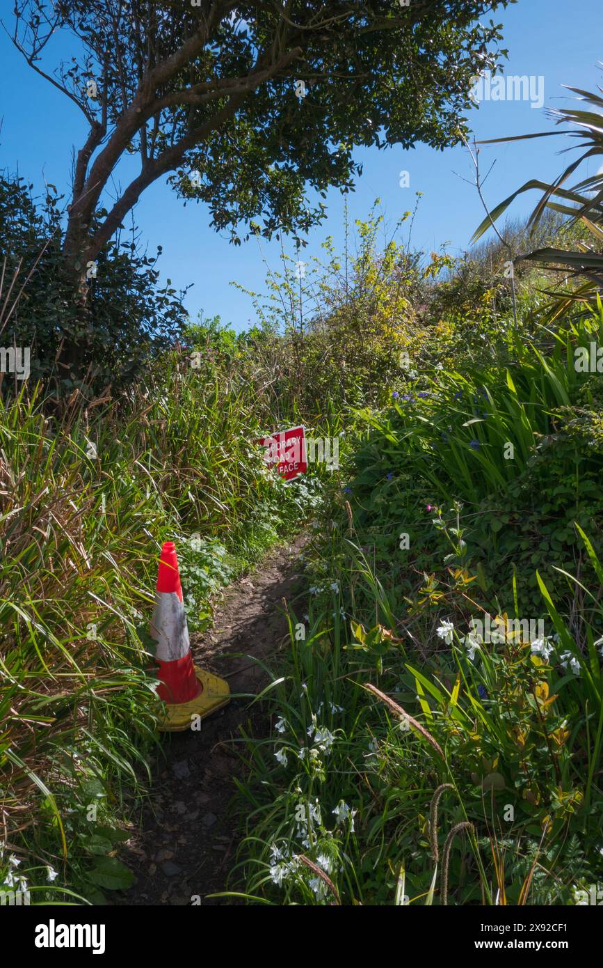 Temporary surface sign and traffic cone on a Cornish footpath mocking ...