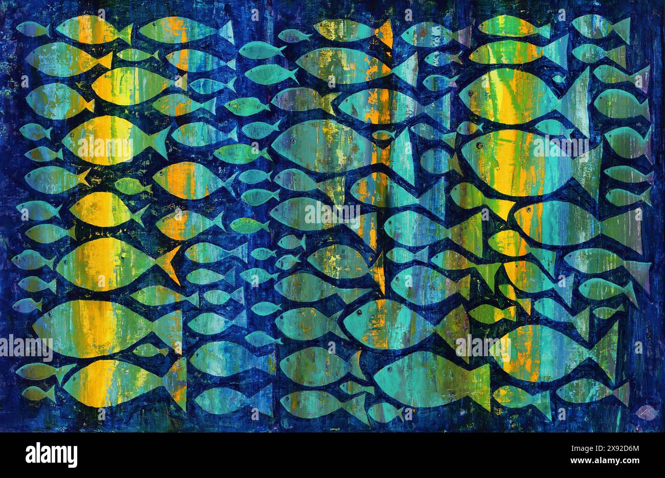 Abstract art painting of the many fishes Stock Photo - Alamy