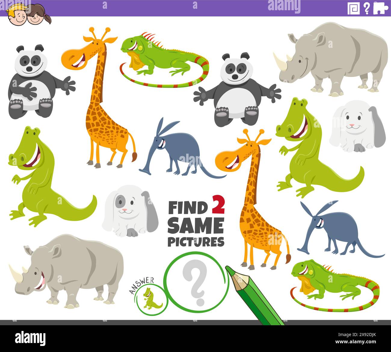 Cartoon illustration of finding two same pictures educational activity ...