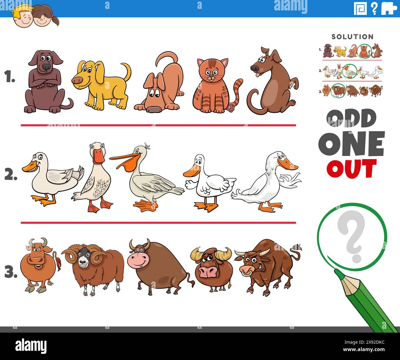 Cartoon illustration of odd one out picture in a row educational ...