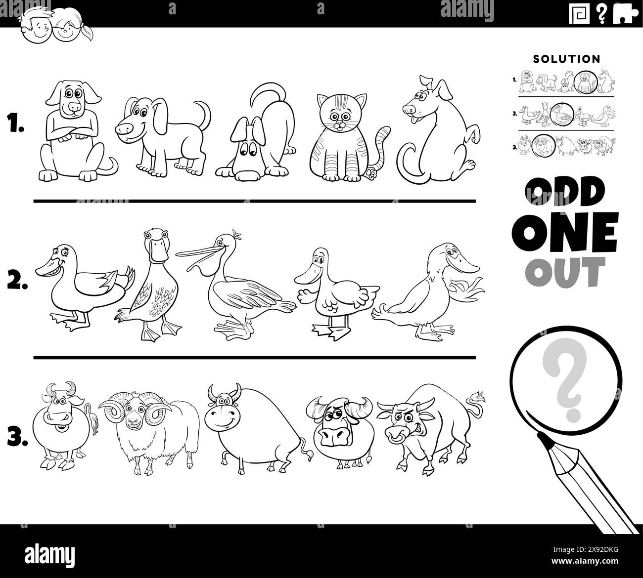cartoon illustration of odd one out picture in a row educational ...