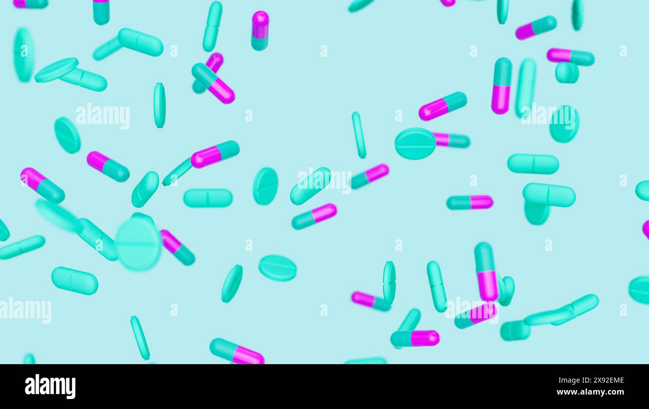 Cyan violet capsules, tablets and pills against blue backdrop. Drugs ...