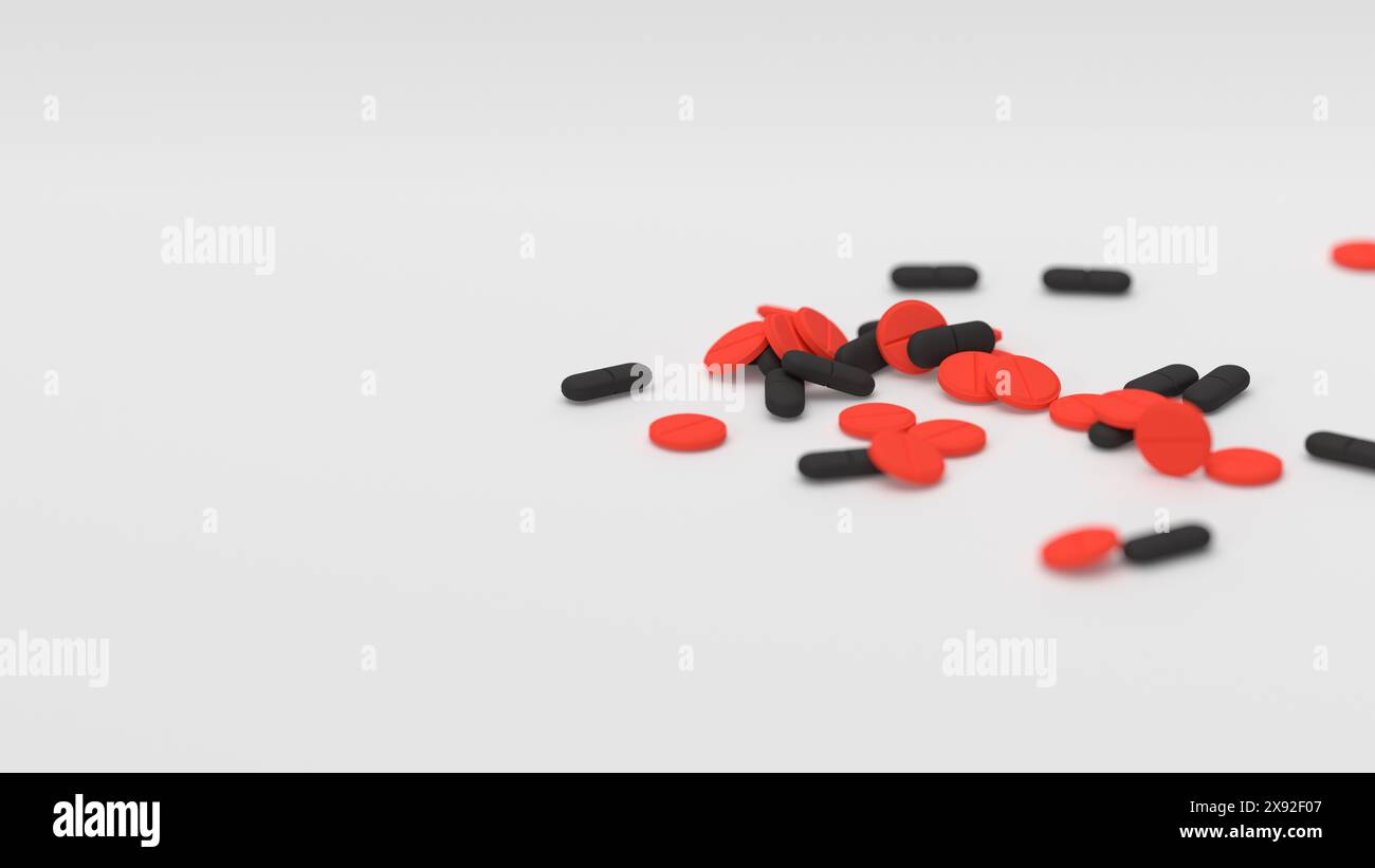 Black red tablets on white background with shallow DOF. Drugs, pills ...