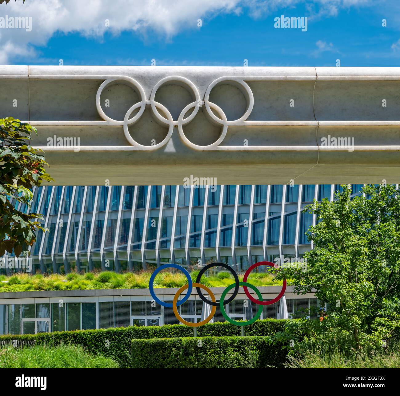 Lausanne, Switzerland - may 28, 2024: the Olympic rings in front of new ...