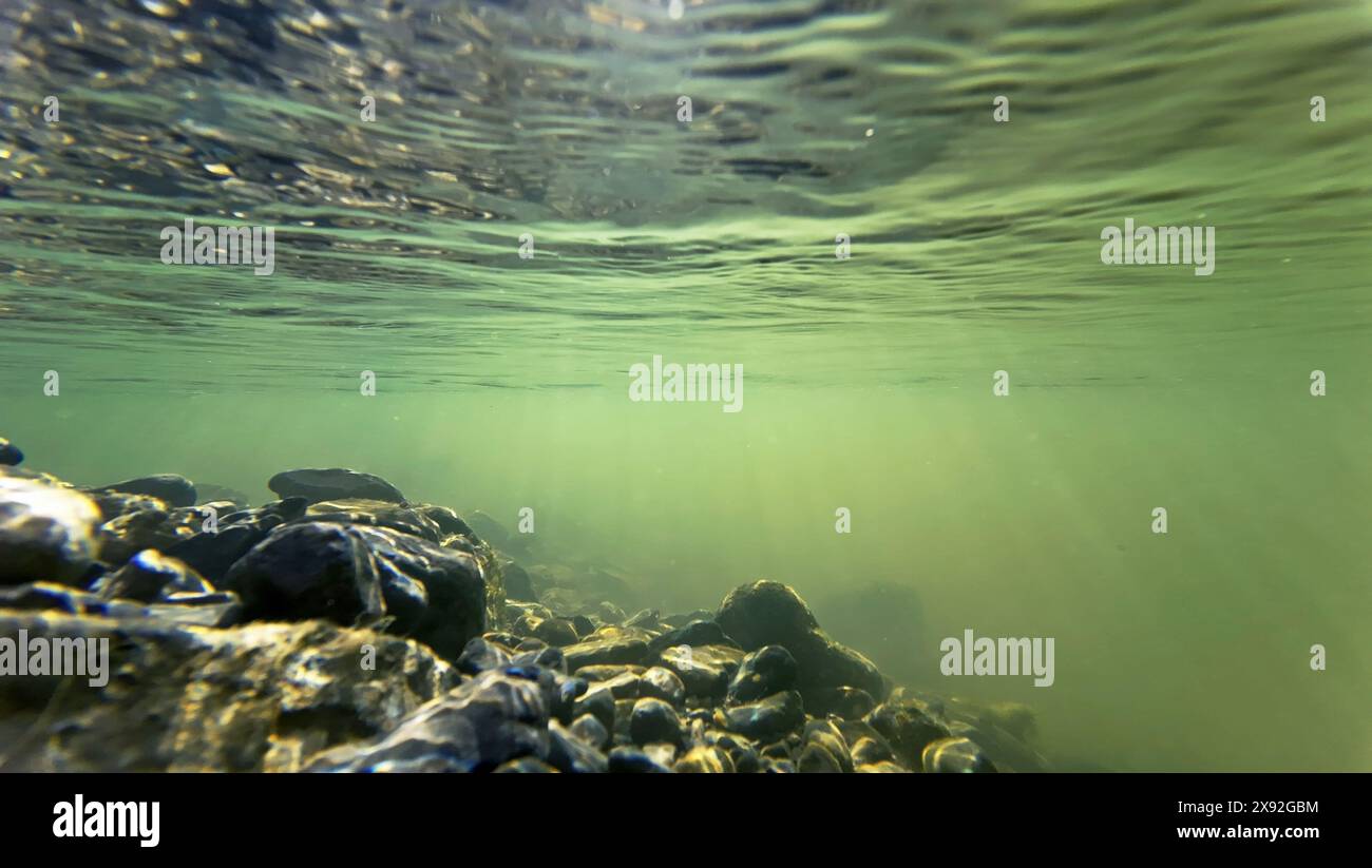 Underwater shot of the bottom of a river where the sun's rays of light ...
