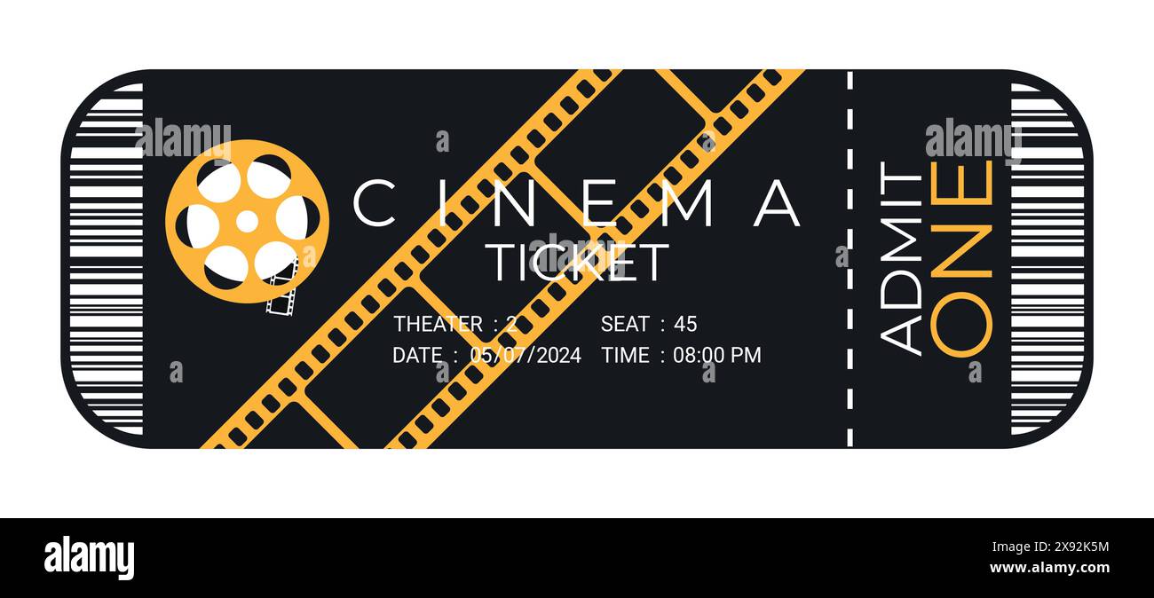 Cinema ticket design with film reel. Front view. Cinema ticket template ...