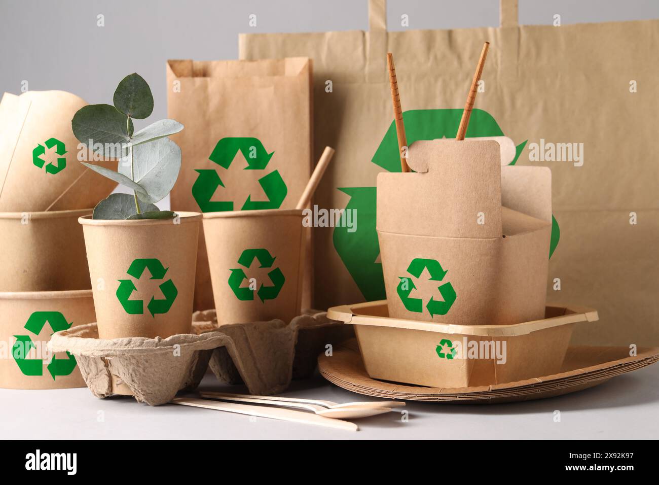 Set of eco friendly food packaging with recycling symbols on light ...