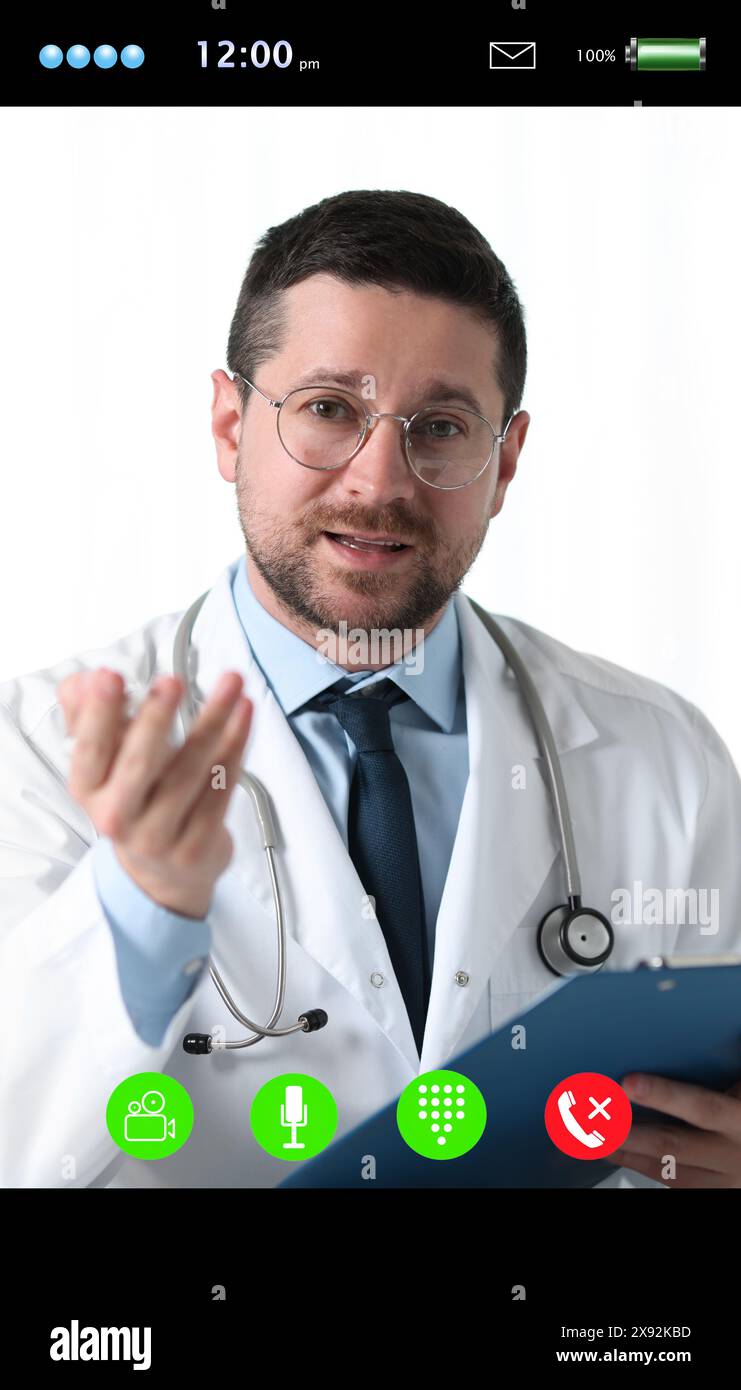 Online medical consultation. Doctor working via video chat application ...