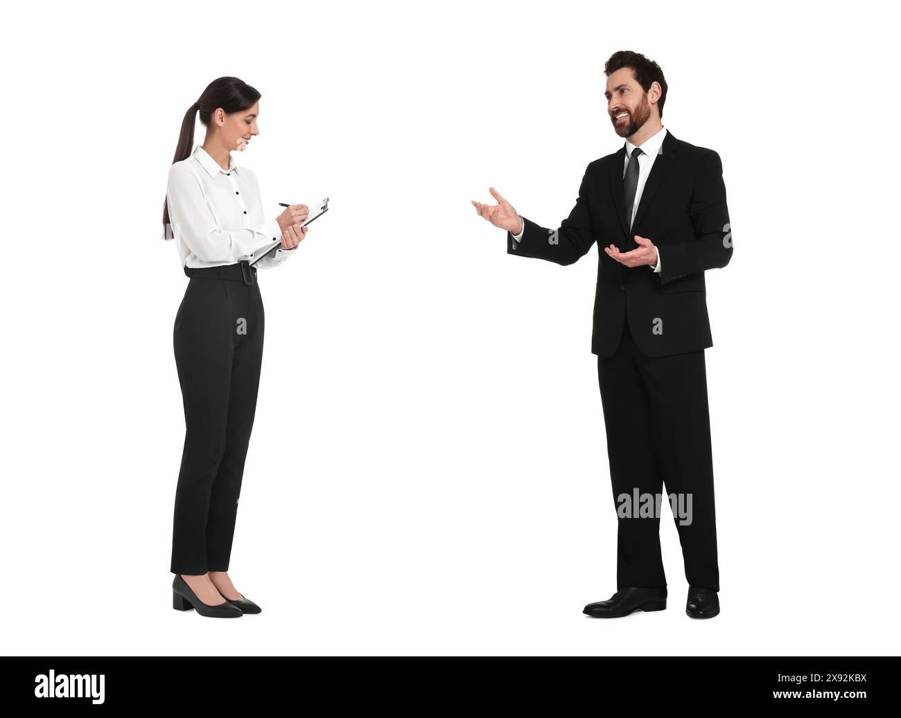 Two business people talking on white background. Dialogue Stock Photo ...