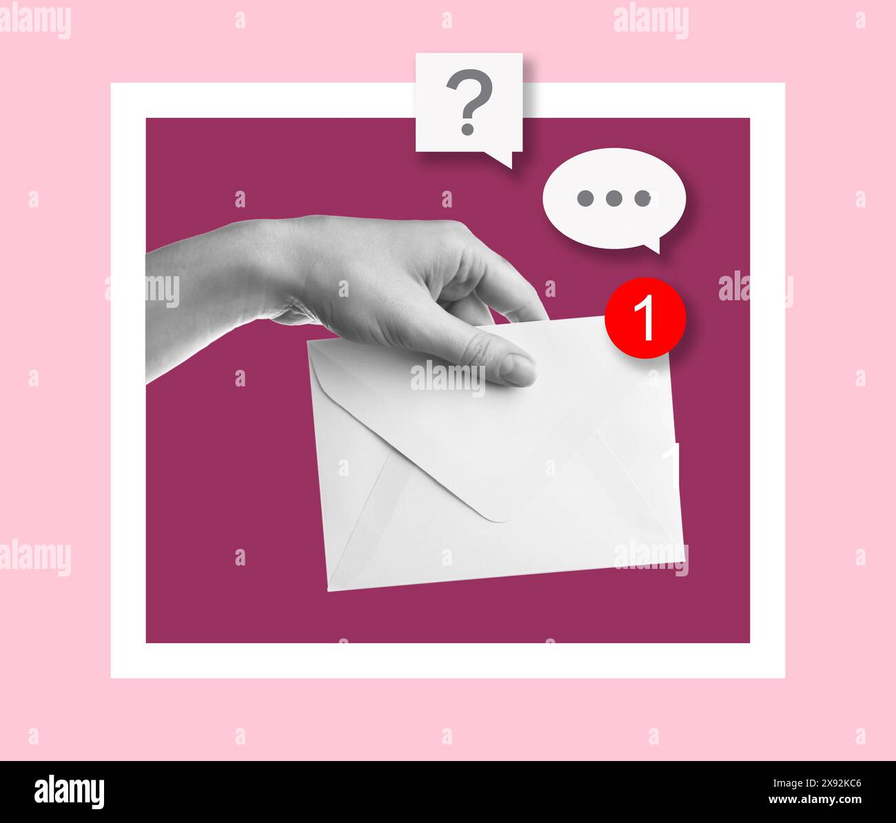Message, creative art collage. Hand with envelope and speech bubbles on ...