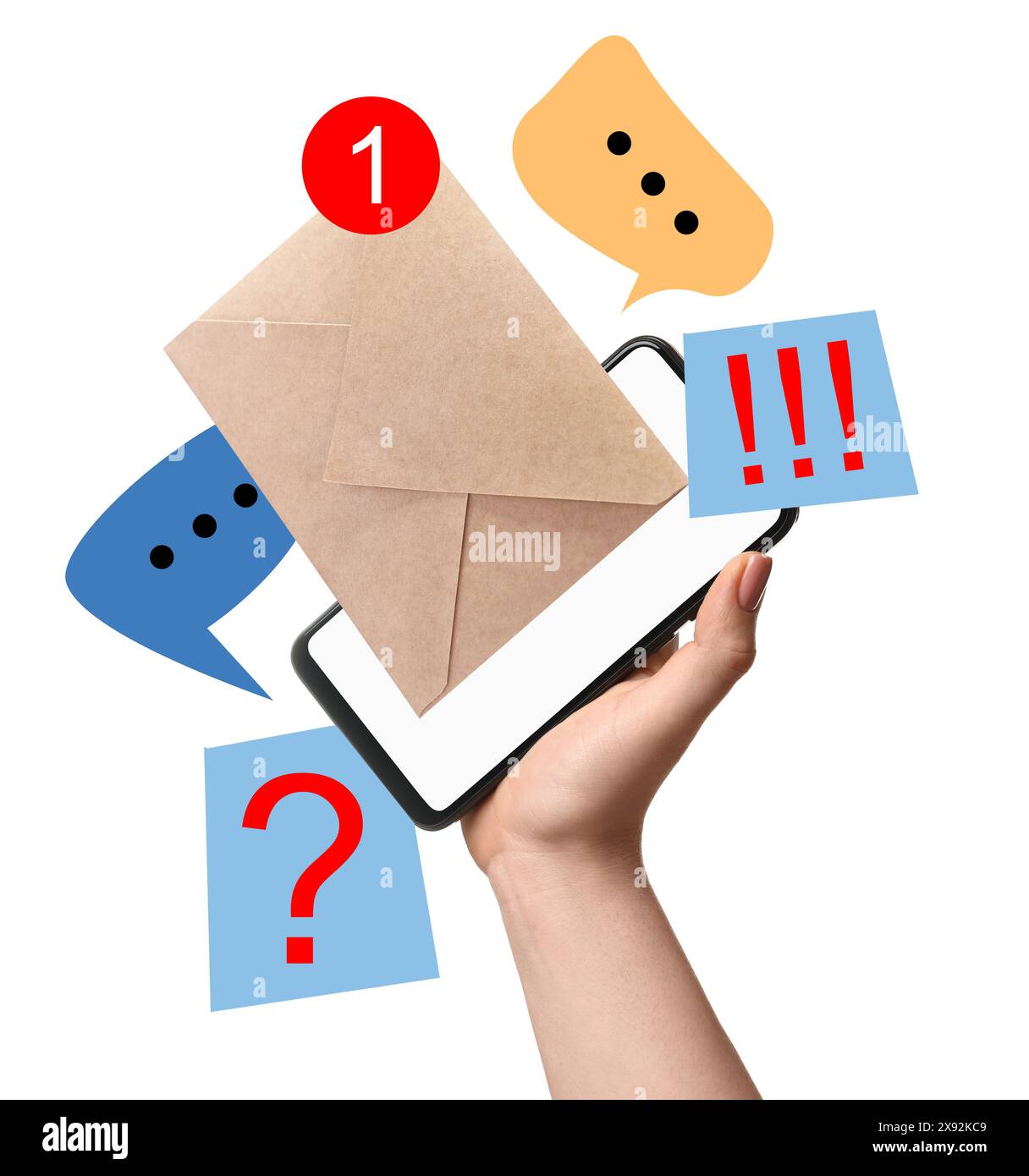 Message, creative art collage. Woman with phone, envelope and speech ...