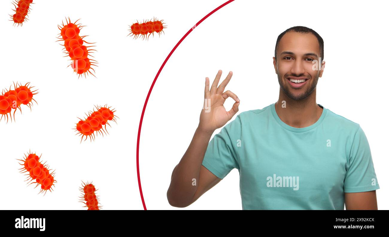 Man with strong immunity surrounded by viruses on light background ...