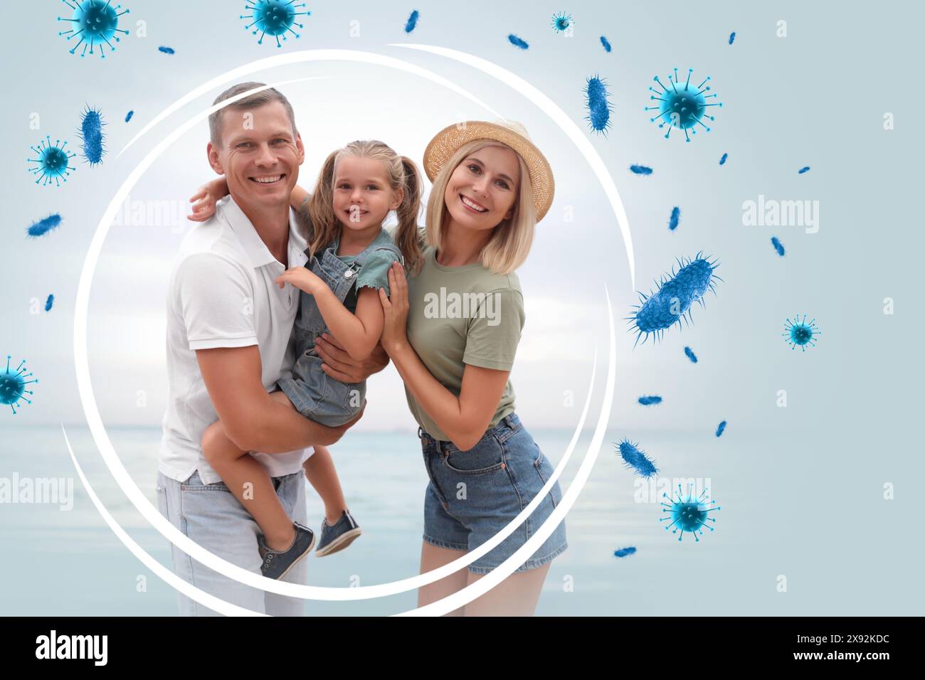 Happy family with strong immunity near sea. Bubble around them blocking ...