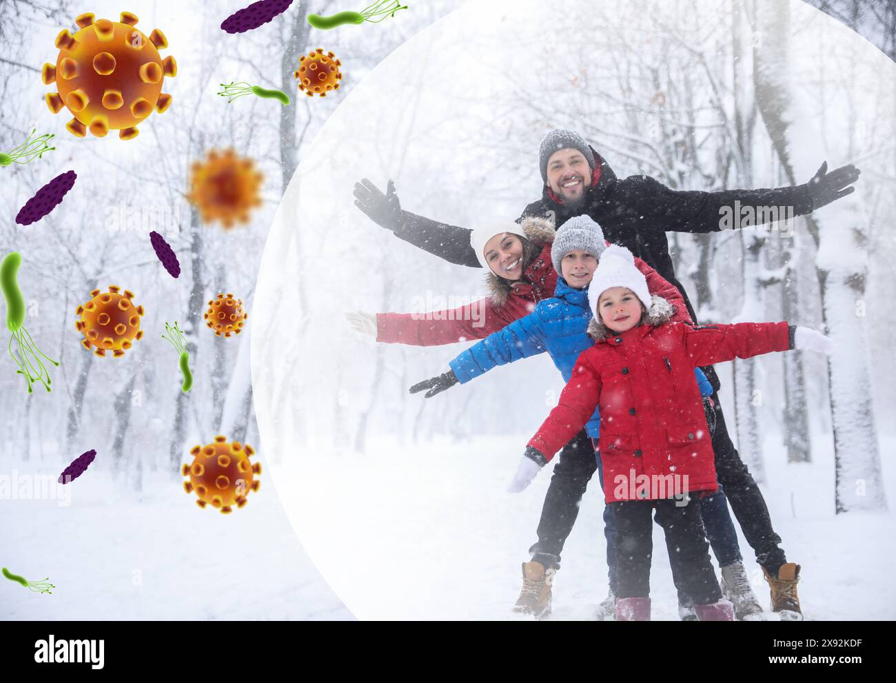 Family spending time outdoors on winter day. Bubble around them ...