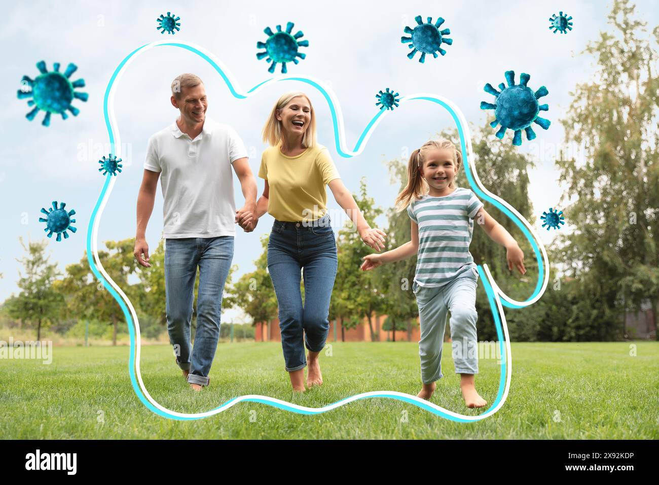 Happy family with strong immunity running outdoors. Outline around them ...