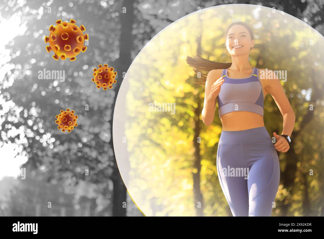 Happy woman with strong immunity running outdoors. Bubble around her ...